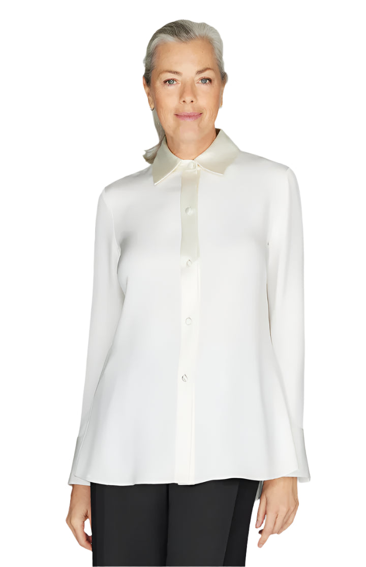 Silk Back Overlap Shirt w/ Satin Trim in Pearl – Carl Meyers