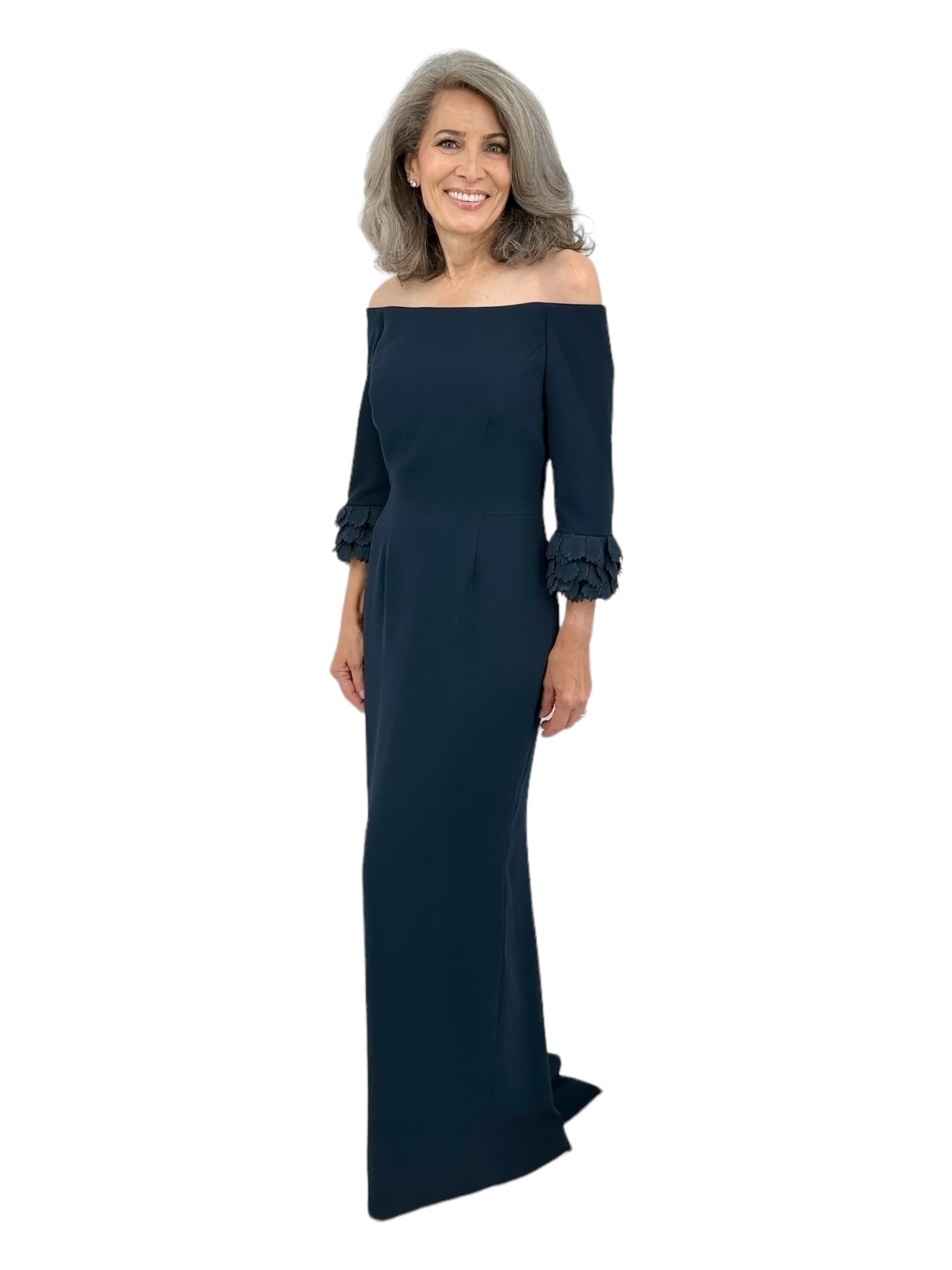 Off Shoulder Parrot Tulip Cuff Gown with Trumpet in Navy – Carl Meyers