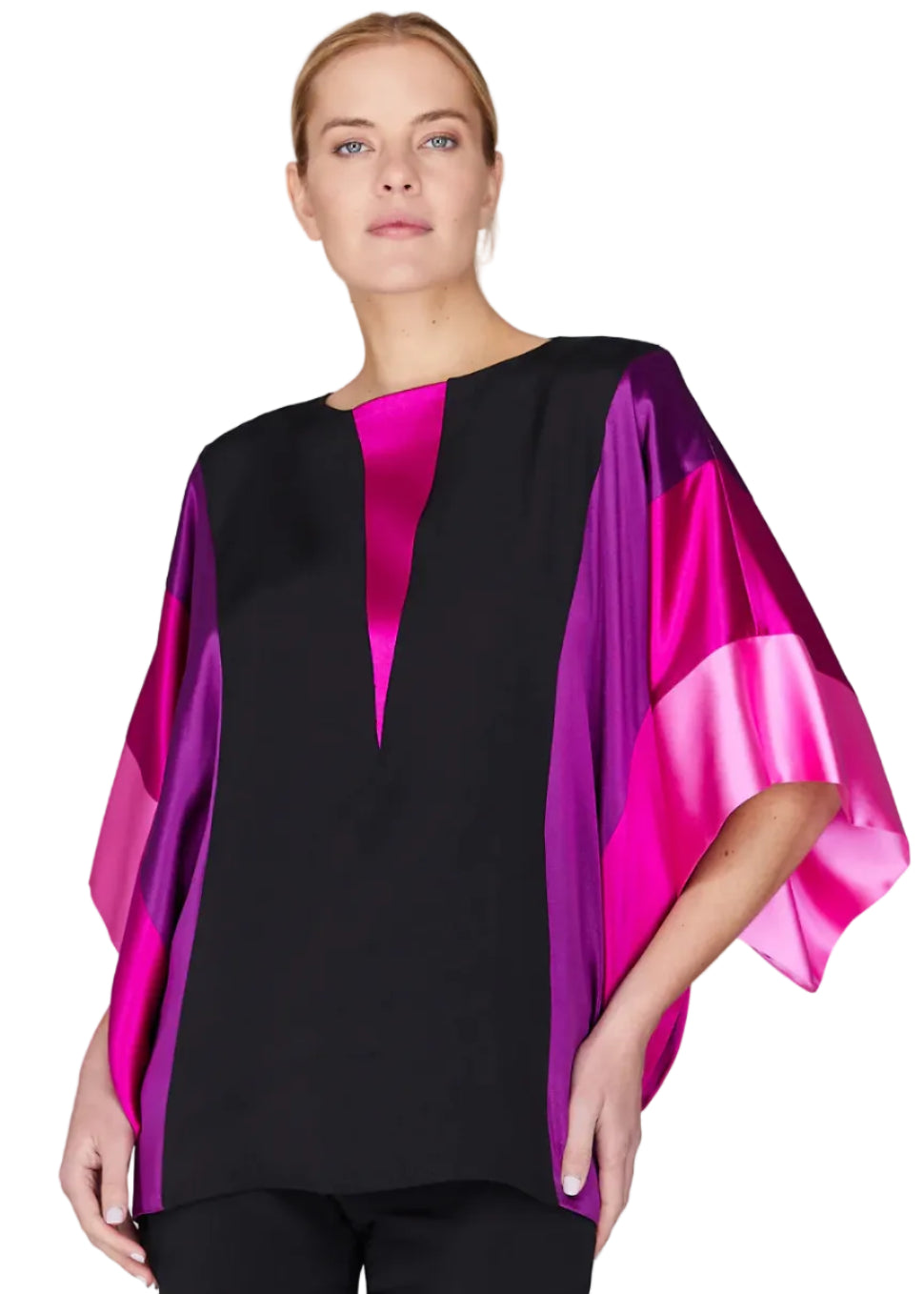 Silk Tunic w/Contrast Satin Bands & V Inset in Orchid Satin – Carl Meyers